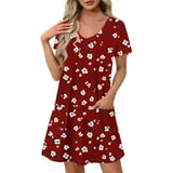 Burgundy Wine Short Sleeve Dresses for Ladies Summer Fall Vneck Spandex ...