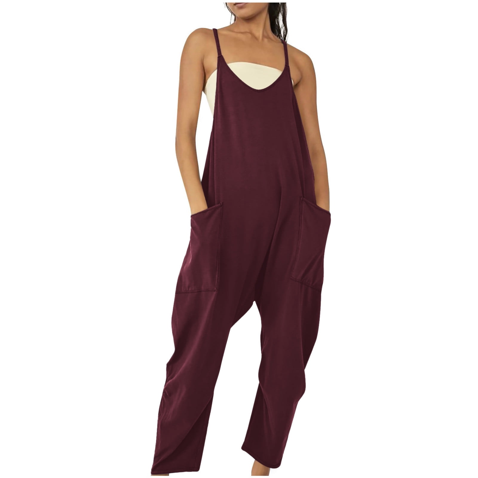 Burgundy Wine Straight Leg Basic Long Leg Casual Overalls for Women ...