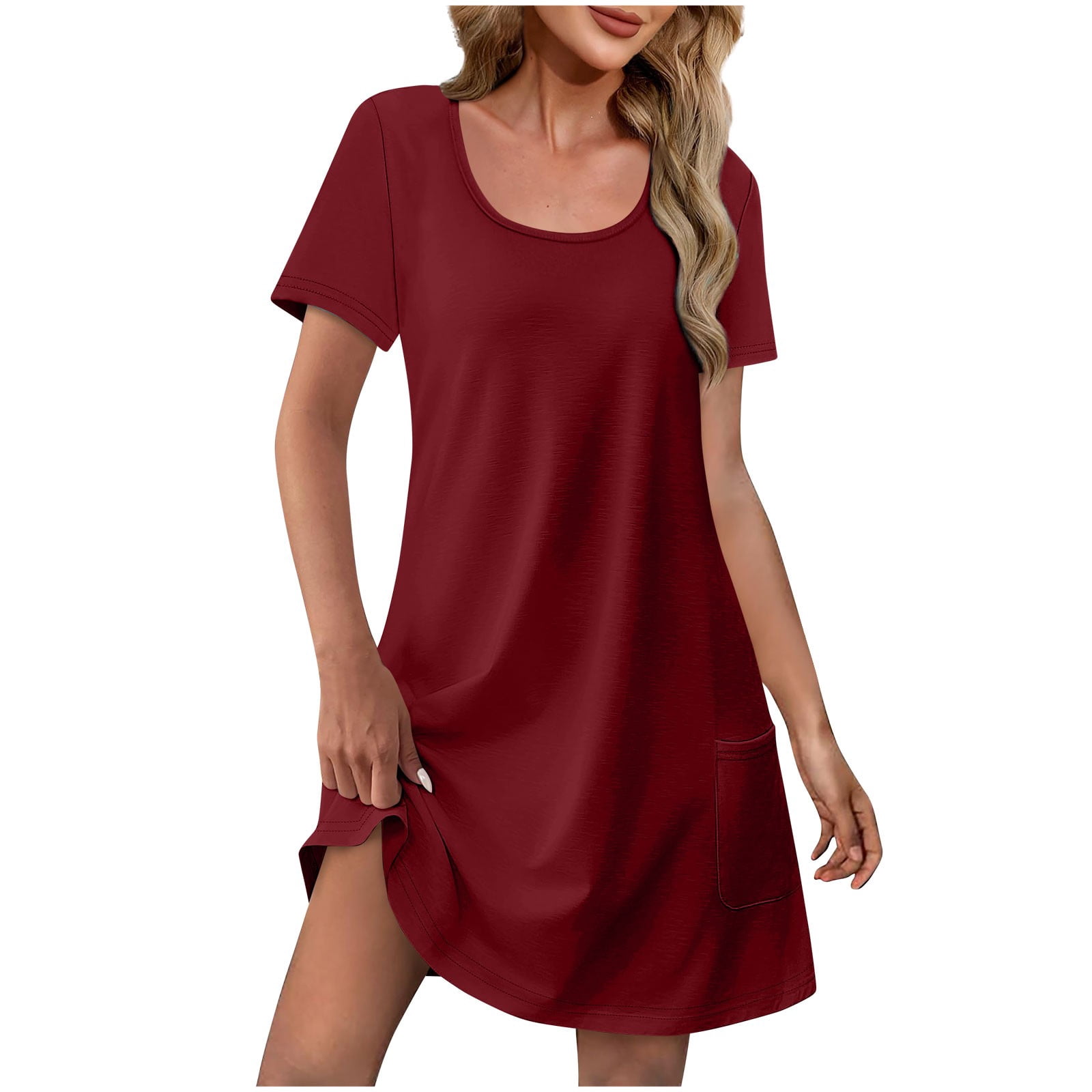 Burgundy Wine Sundresses for Ladies Fall Summer Short Sleeve Boat V ...