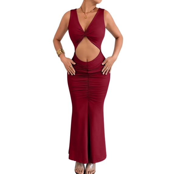 Burgundy Wine V Neck Spandex for Juniors Summer Fall Sleeveless Midi ...