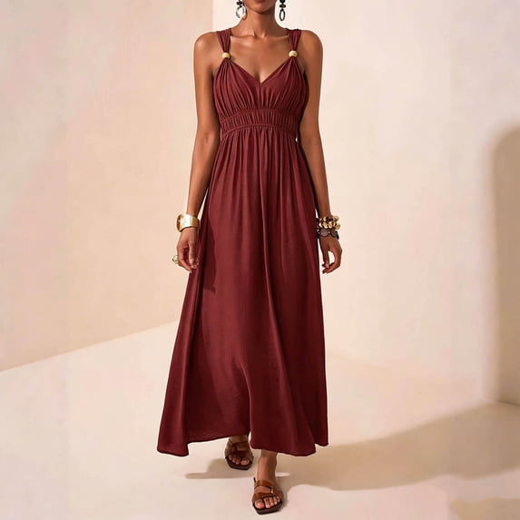 Burgundy Wine V Neck for Ladies Summer Fall Sleeveless Midi High ...