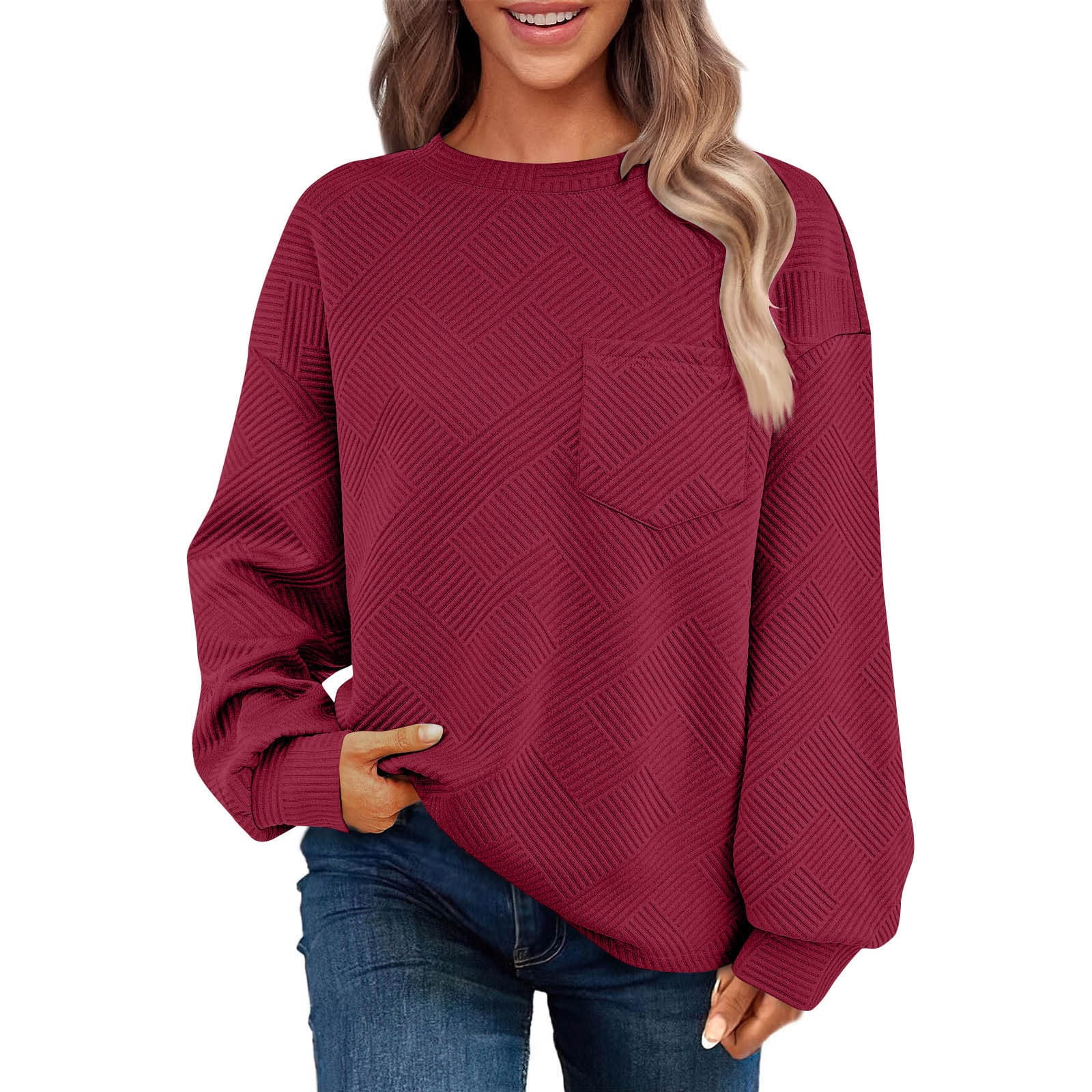 Burgundy Wine Women Basic Tops Loose Fit Blouses for Women Long Sleeve ...