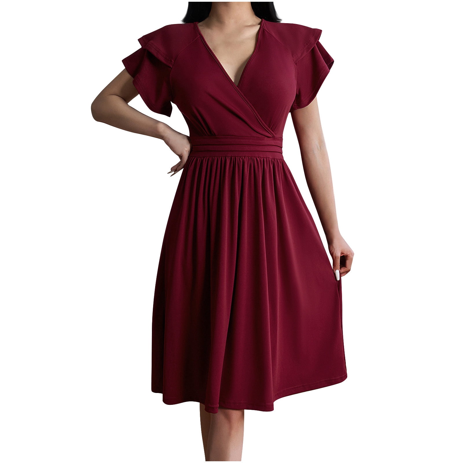 Burgundy Wine Women Short Sleeve Dresses for Teen Girls Vneck Spandex ...