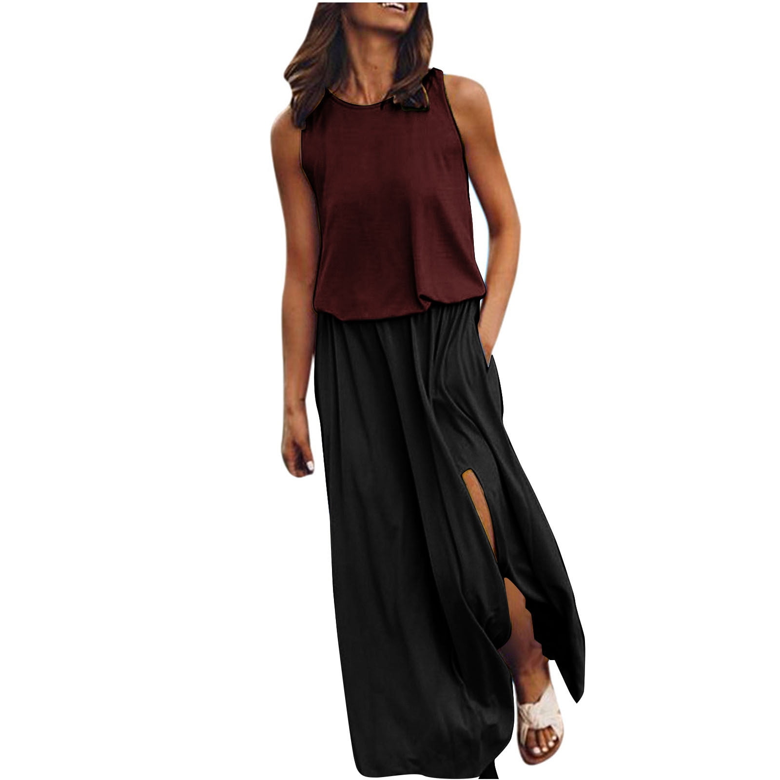 Burgundy Wine Women Sleeveless Loose Fit Dress for Women Boat Neck ...