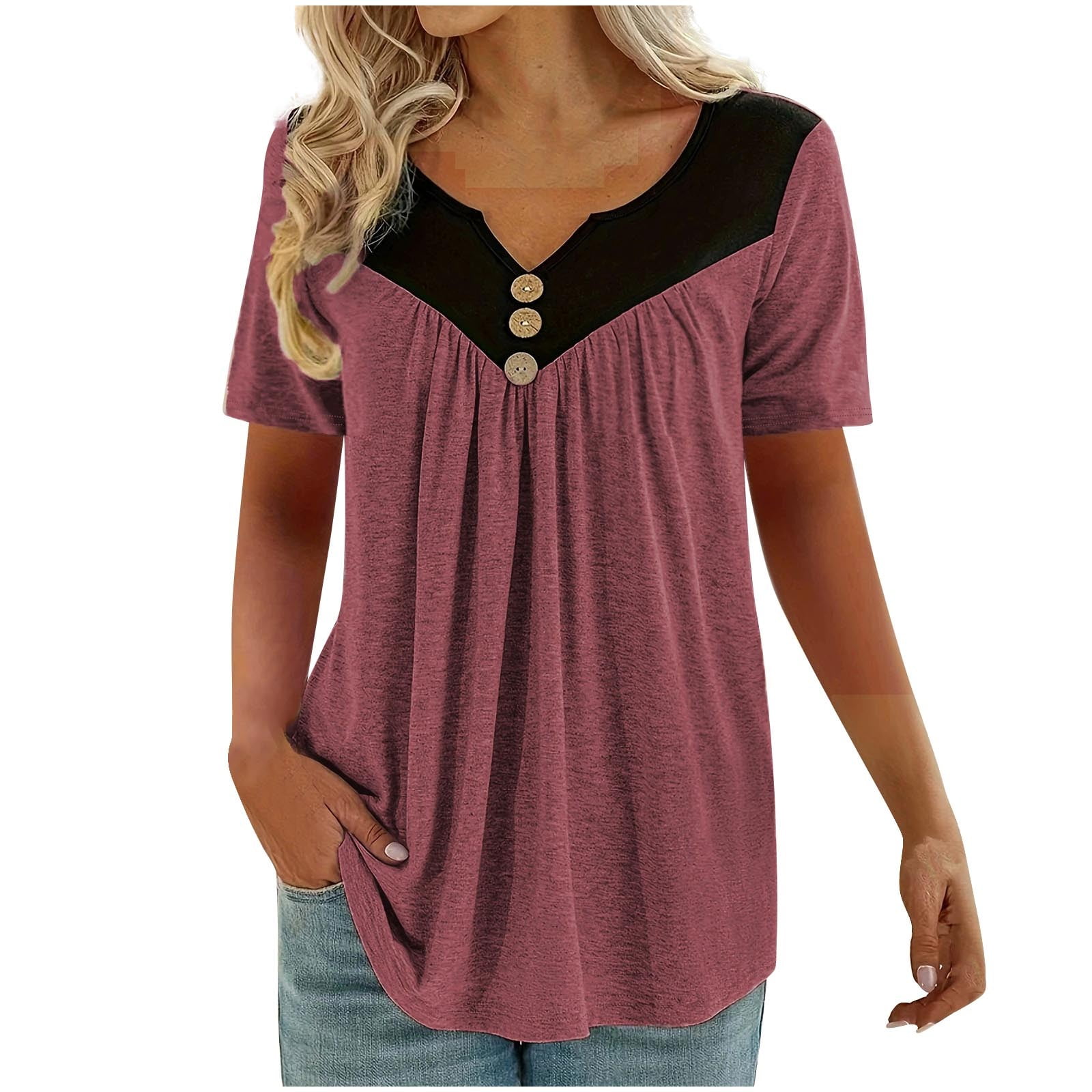 Burgundy Wine Womens Button Tops Short Sleeve Blouses for Women Vneck ...