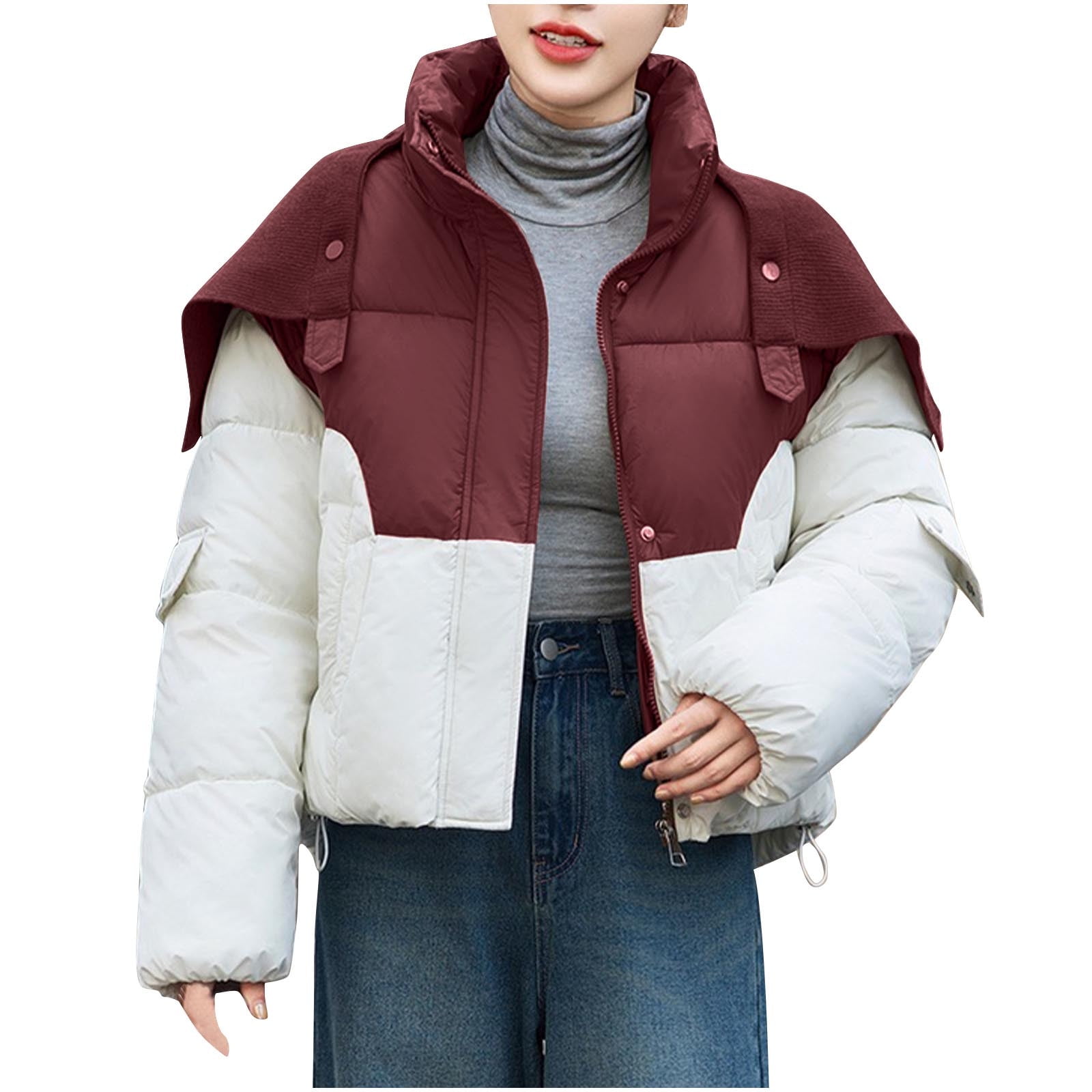 Burgundy Wine Womens Collared Turtle Neck Brunch Going Out Puffer ...