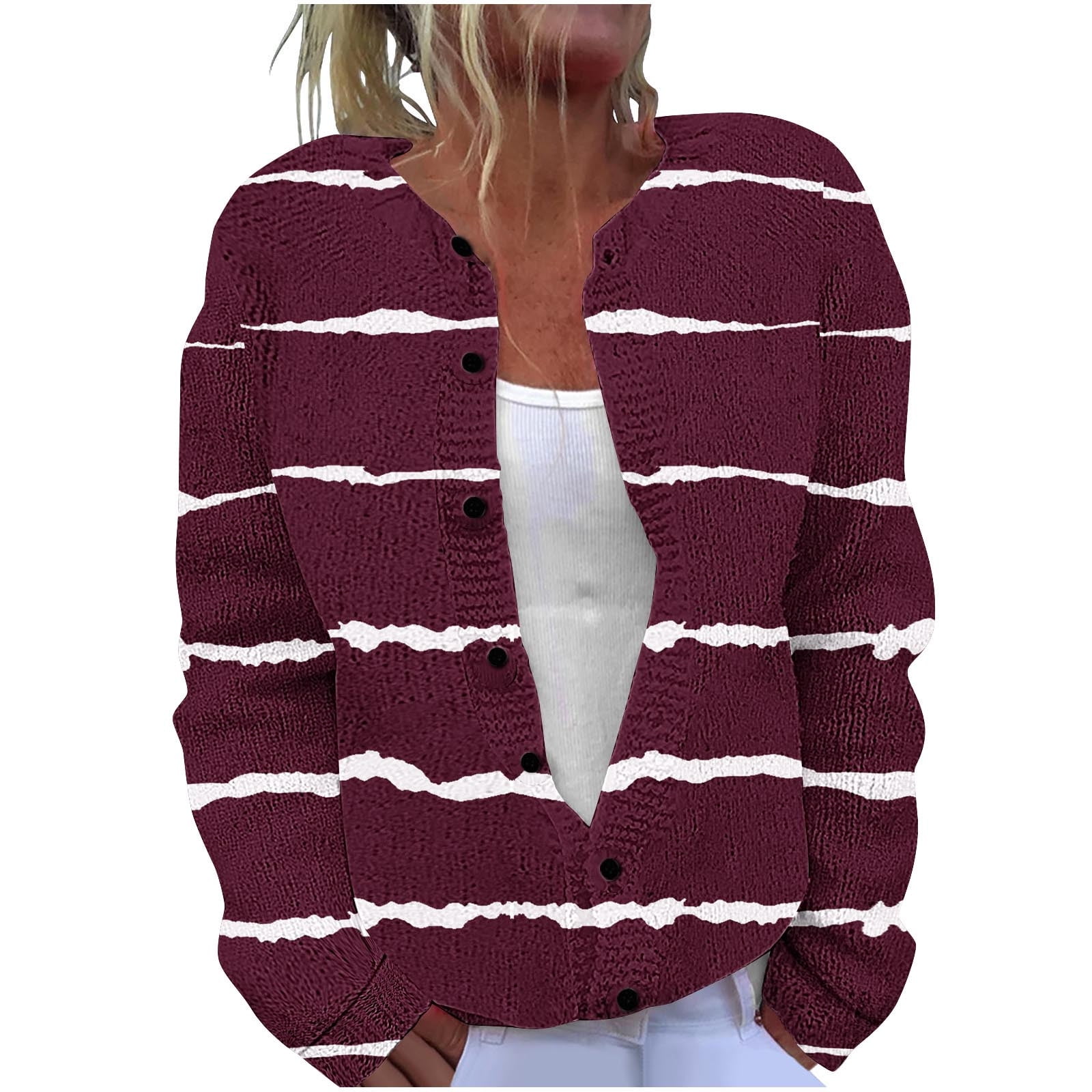Burgundy Wine Womens Crochet Striped Cable Knit Cardigan Graphic Jacket ...