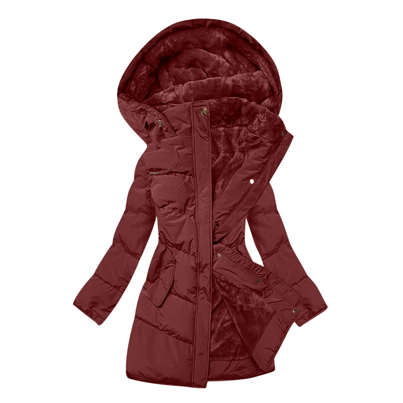 Burgundy Wine Womens Down Jackets Hood Outfits for Ladies Long Sleeve Brunch Padded with Hood ...