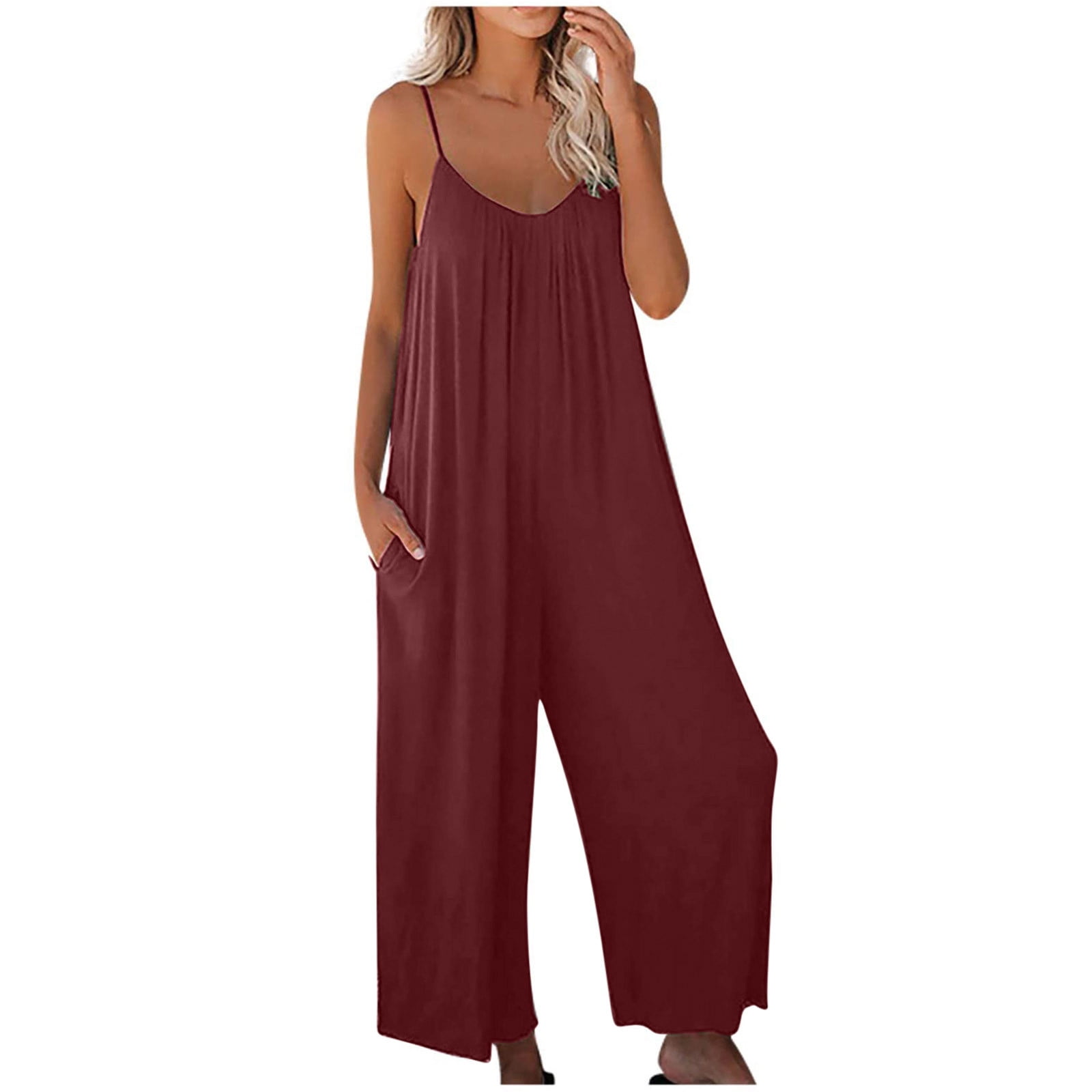 Burgundy Wine Womens Pants Loose Fit Overalls Pants Catsuit for Ladies ...