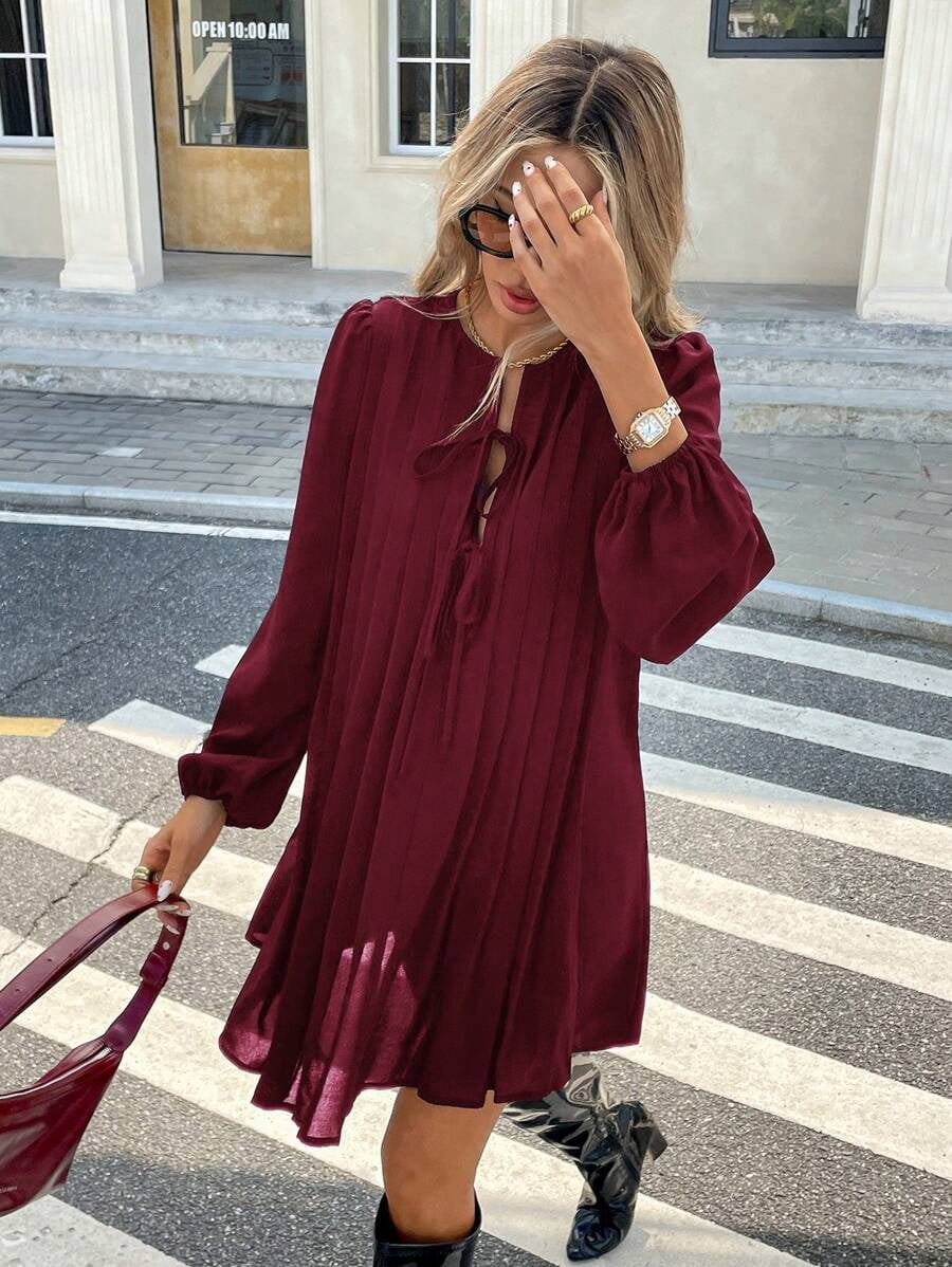Burgundy Women French Style Pleated Long-Sleeve Tie-Neck A-Line Mini ...