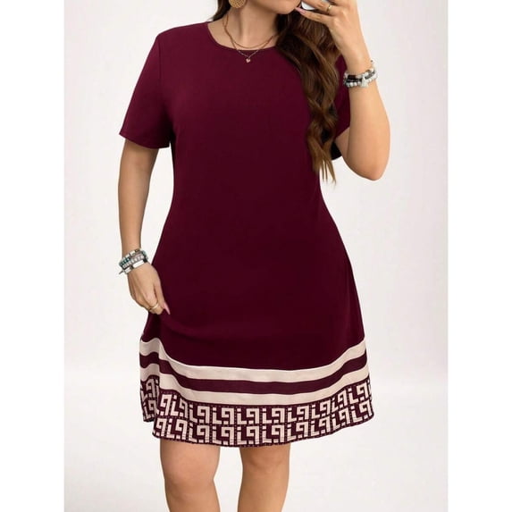 Burgundy Women Plus Size Round Neck Short Sleeve A-Line Dress With ...