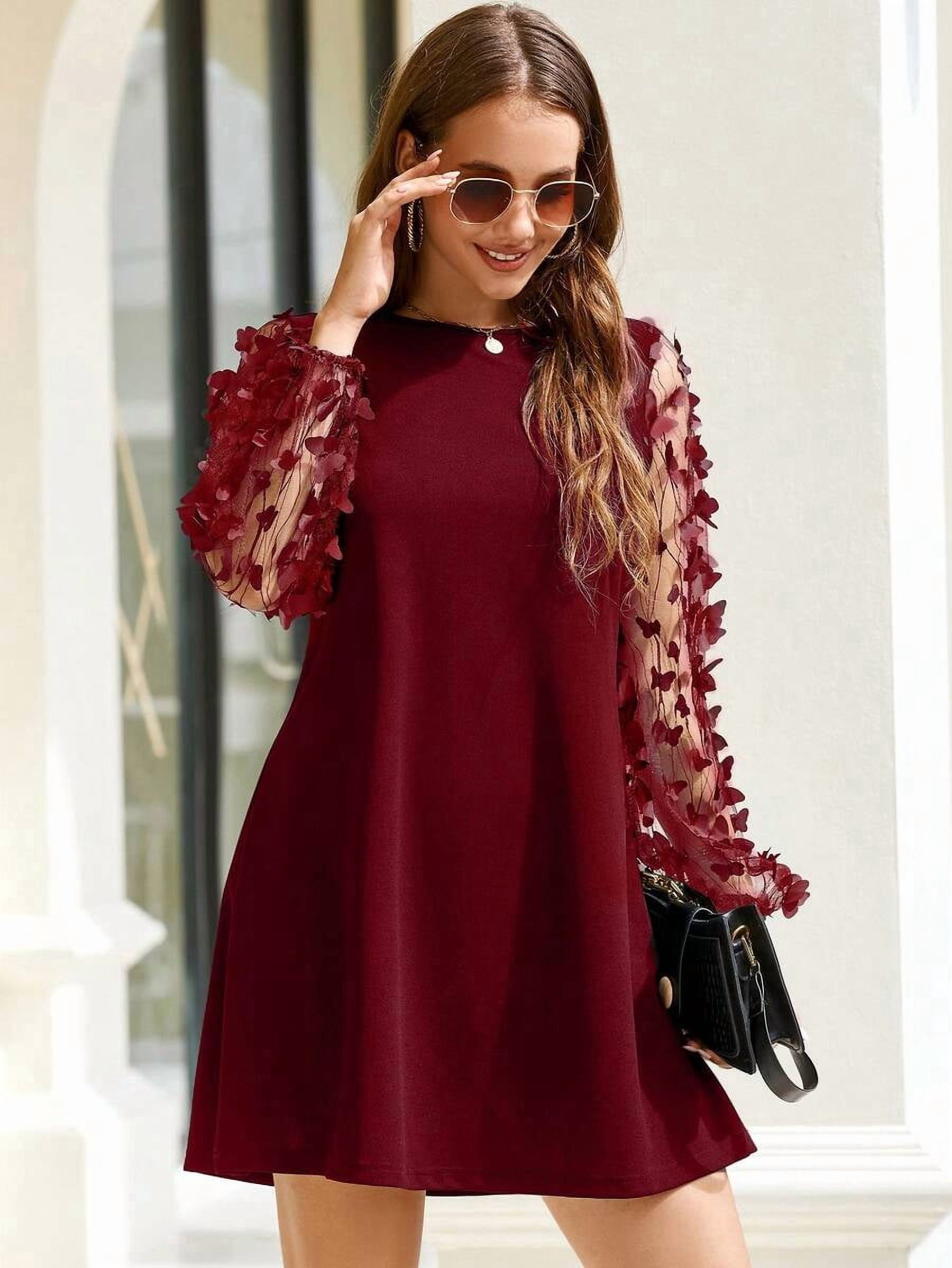 Burgundy Womens A-Line Dress With Sheer Butterfly-Embellished Sleeves ...