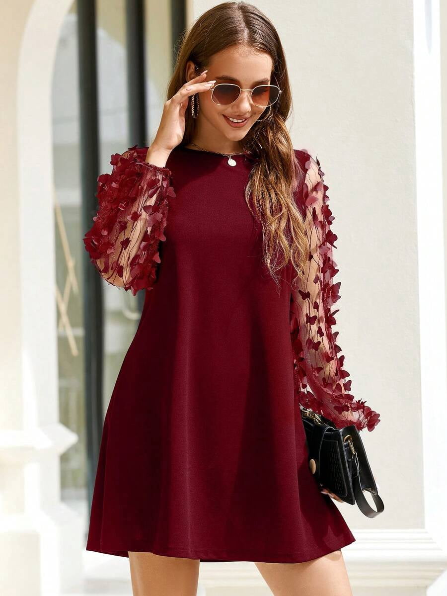 Burgundy Womens A-Line Dress With Sheer Butterfly-Embellished Sleeves ...