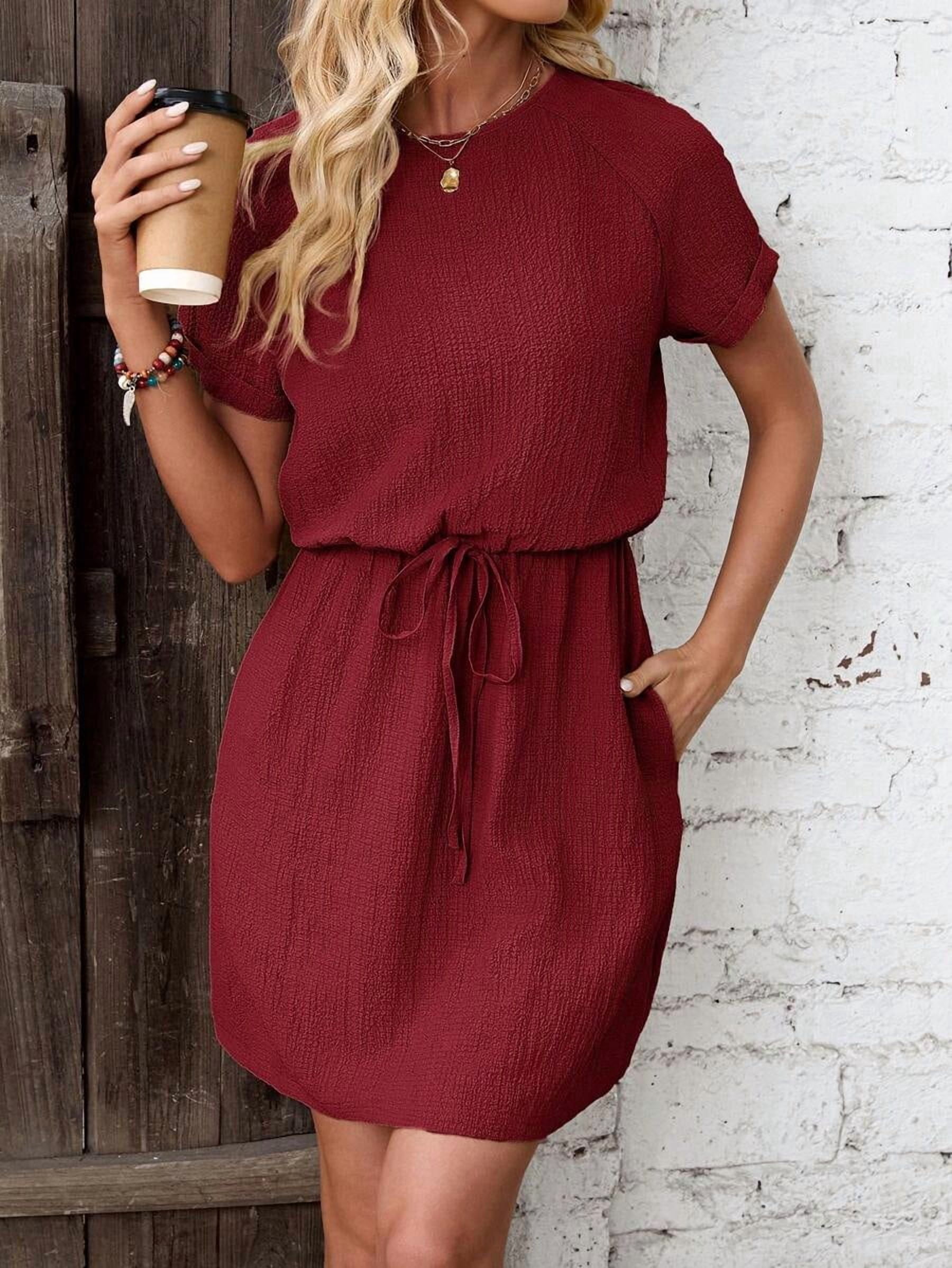 Burgundy Womens Casual Short Sleeve Round Neck Waist Tie Mini Dress ...