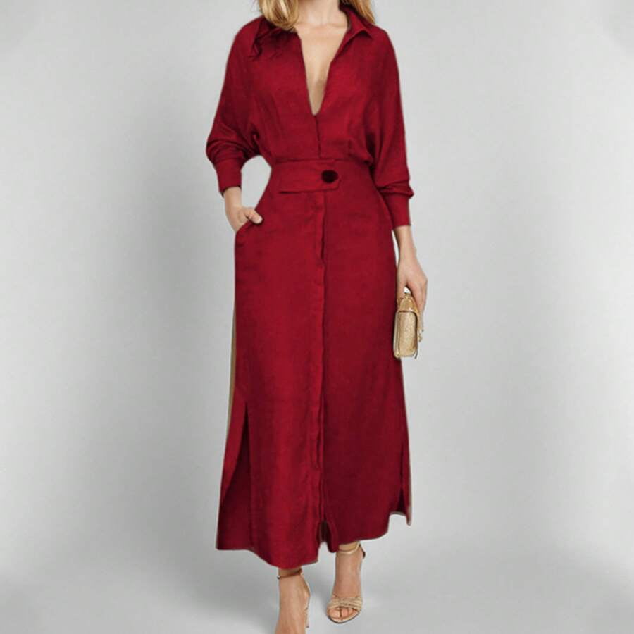 Burgundy Womens Collared Shirt Dress With Belted Waist, Long Sleeve ...