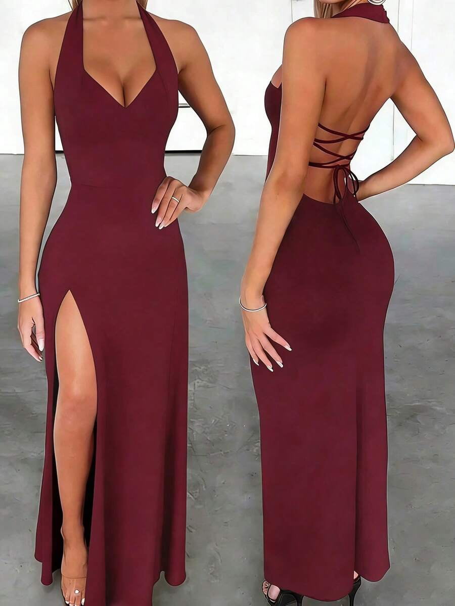 Burgundy Womens Deep V-Neck Halter Tie Backless High Slit Maxi Dress ...