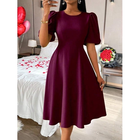 Burgundy Womens Fit And Flare Dress With Round Neck And Puff Sleeves ...