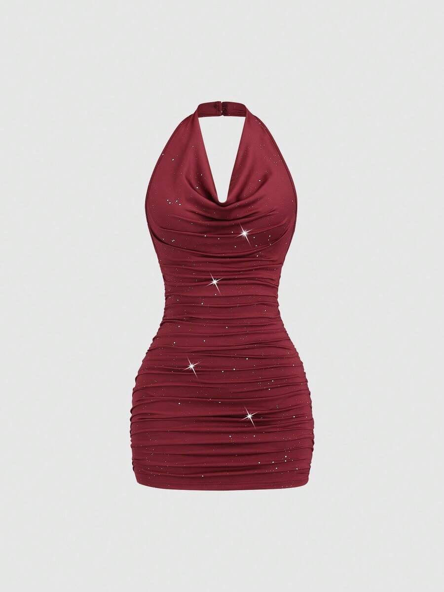 Burgundy Womens Halter Neck Ruched Bodycon Mini Dress With Sparkle ...
