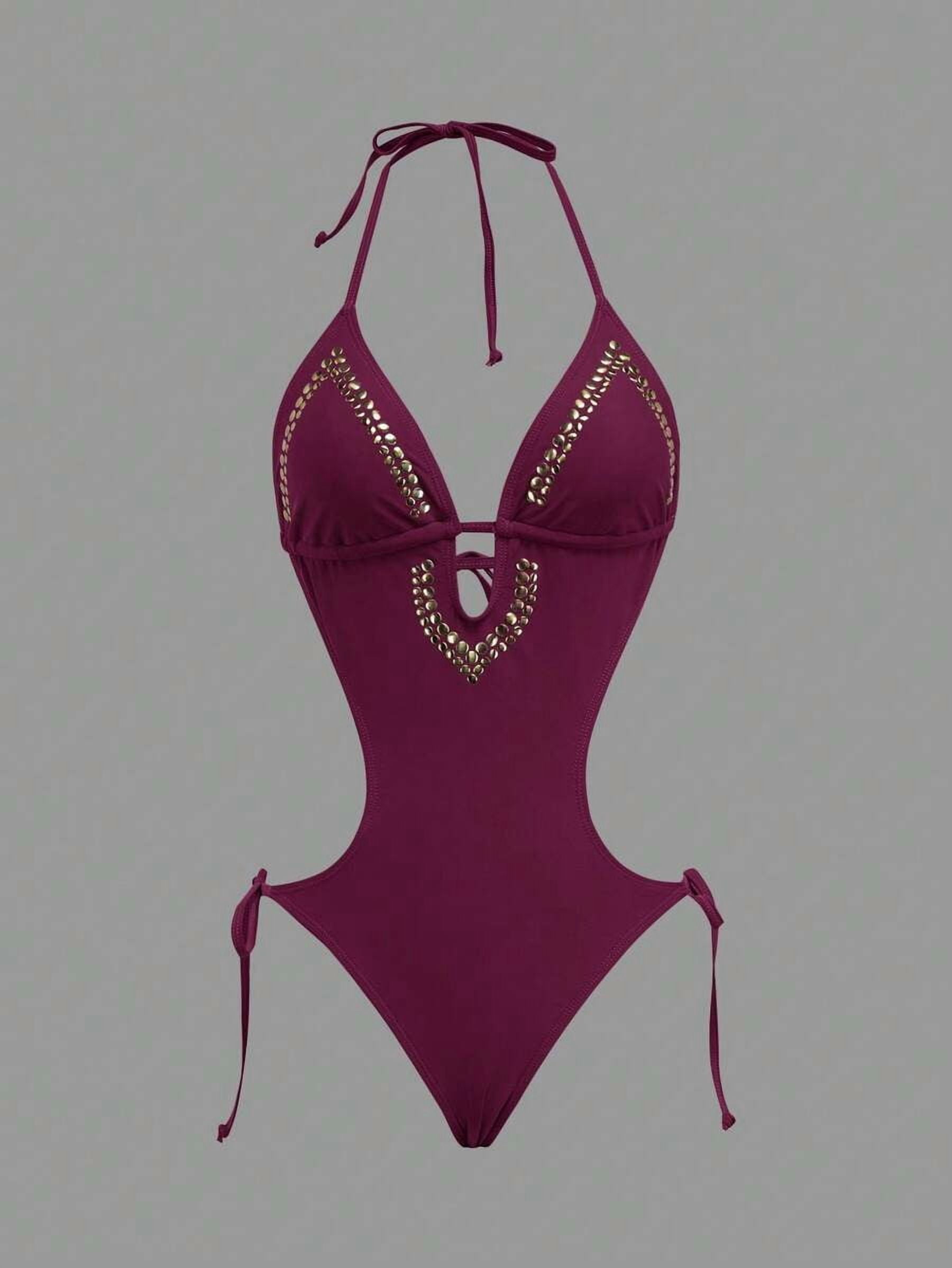 Burgundy Womens Halter One-Piece Swimsuit With Gold-Tone Studded V-Neck ...