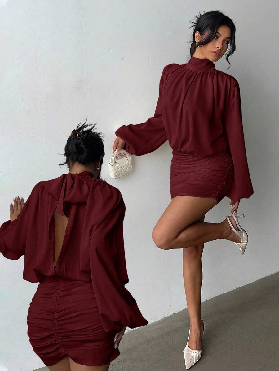 Burgundy Womens High-Neck Backless Mini Dress With Ruched Skirt And ...