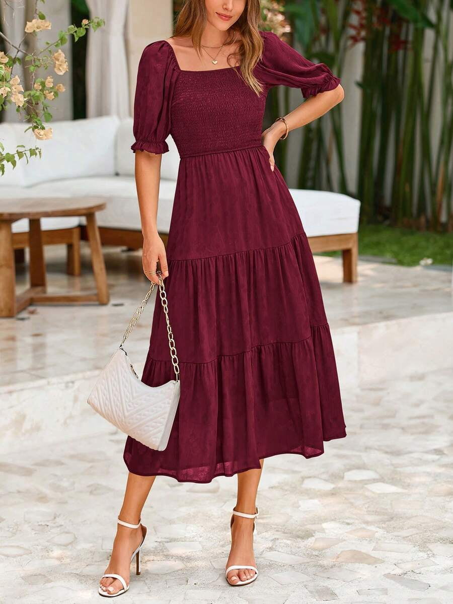 Burgundy Womens Square Neck Puffed Sleeve Tiered A-Line Midi Dress ...