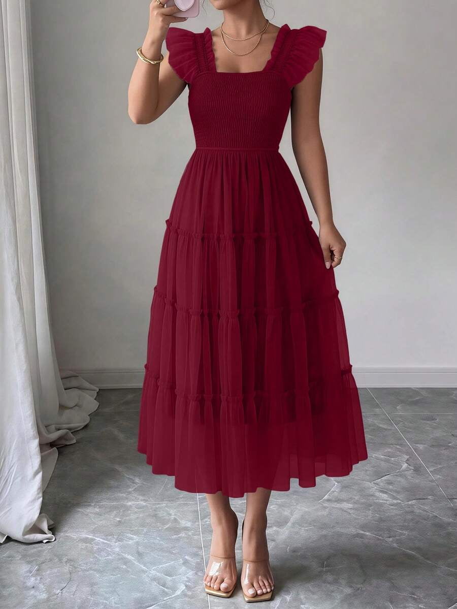 Burgundy Womens Square Neck Ruffle Sleeve Tiered Tulle Midi Dress For ...
