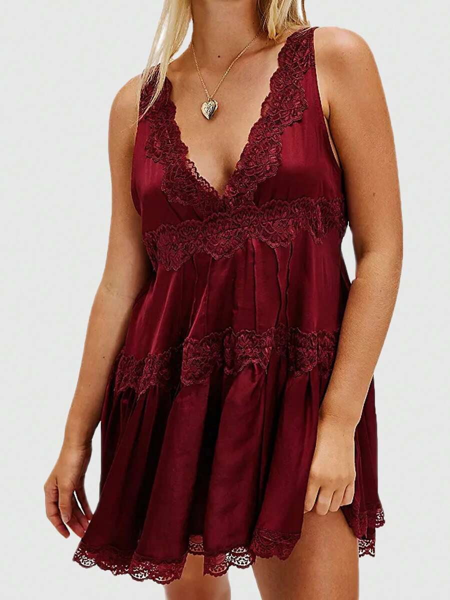 Burgundy Womens V-Neck Lace Trim Mini Dress Sleeveless A-Line Ruffle ...
