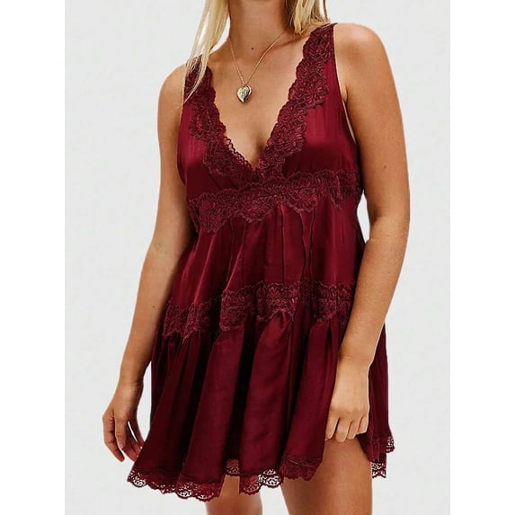 Burgundy Womens V-Neck Lace Trim Mini Dress Sleeveless A-Line Ruffle ...