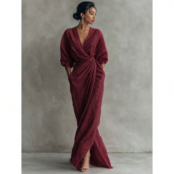 Burgundy Wrap V-Neck Long Sleeve Maxi Dress With Waist Draping And Side ...