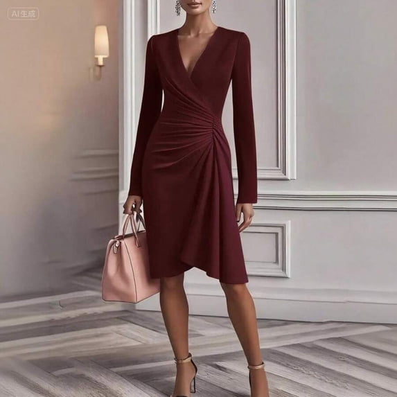 Burgundy Wrap V-Neck Long Sleeve Ruched Midi Dress For Women - Walmart.com