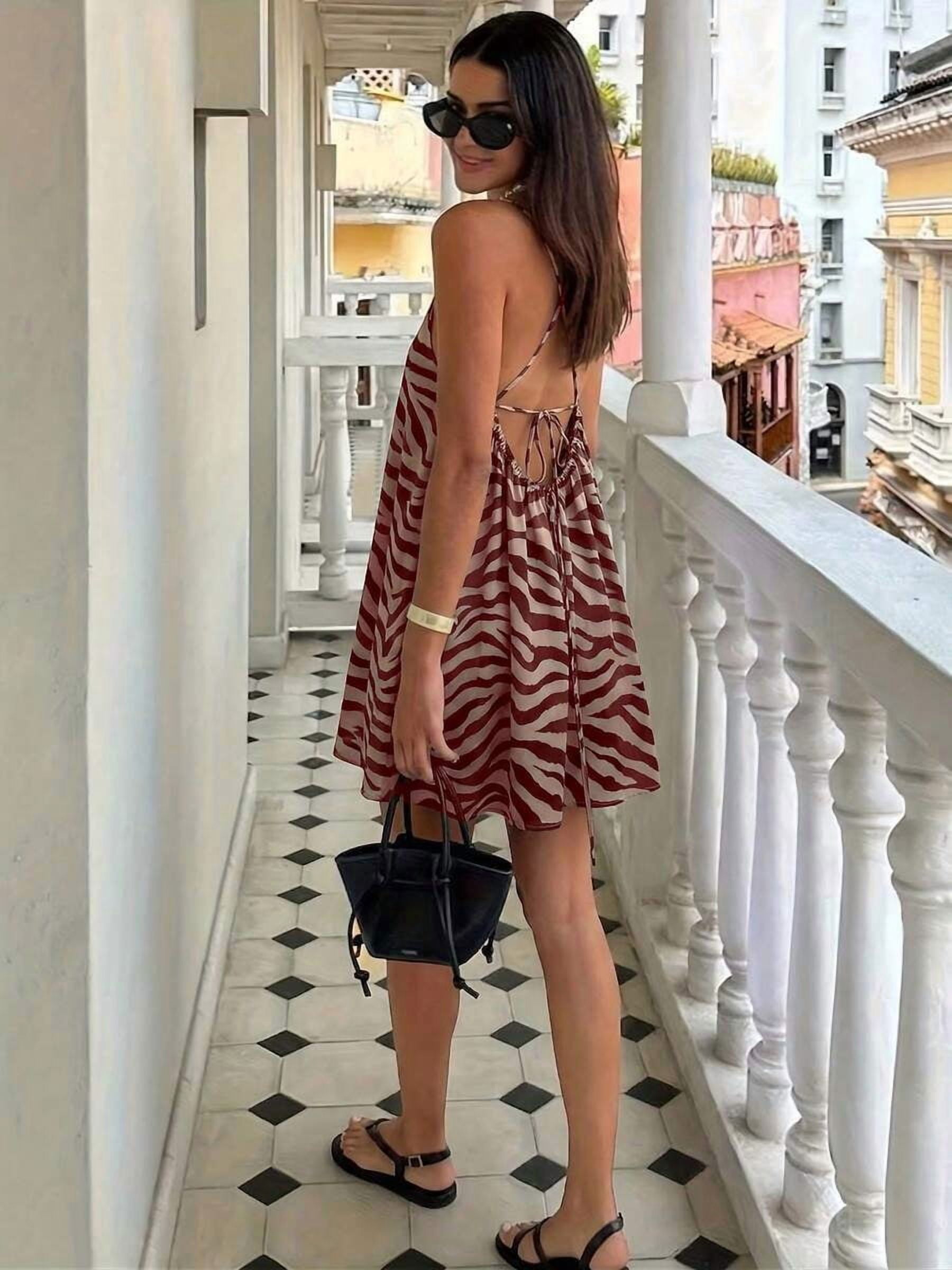 Burgundy Zebra Print Backless Halter Mini Sundress For Women, Summer ...