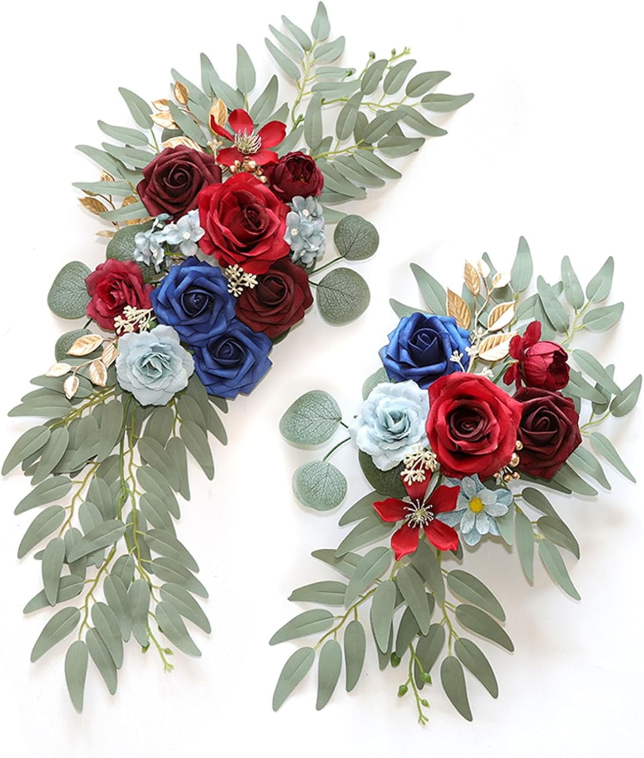 Burgundy and Blue Wedding Arch Flowers, Set of 2 Faux Flower Swags for ...