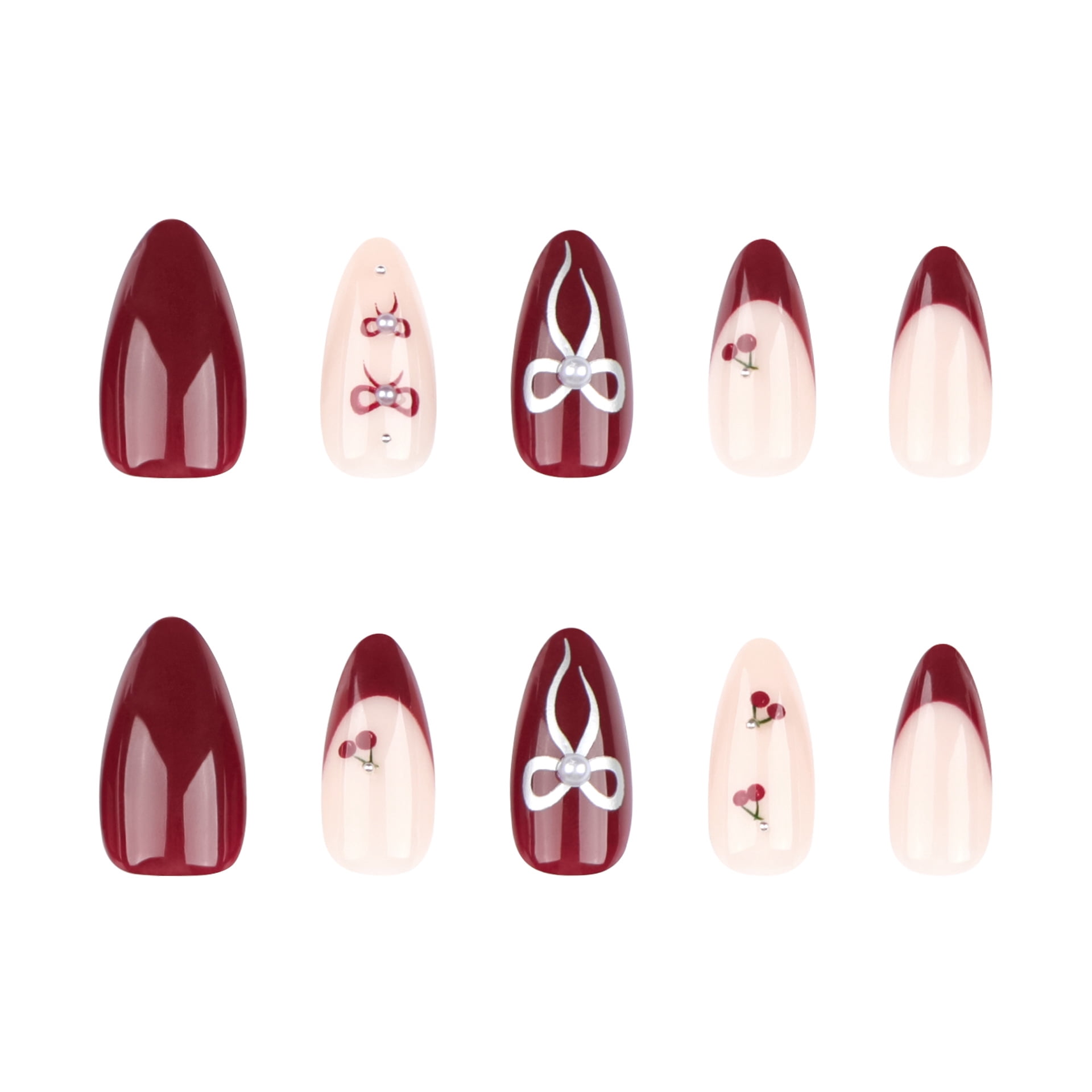 Burgundy and Cream White French Tip Press on Nails, Medium Almond ...