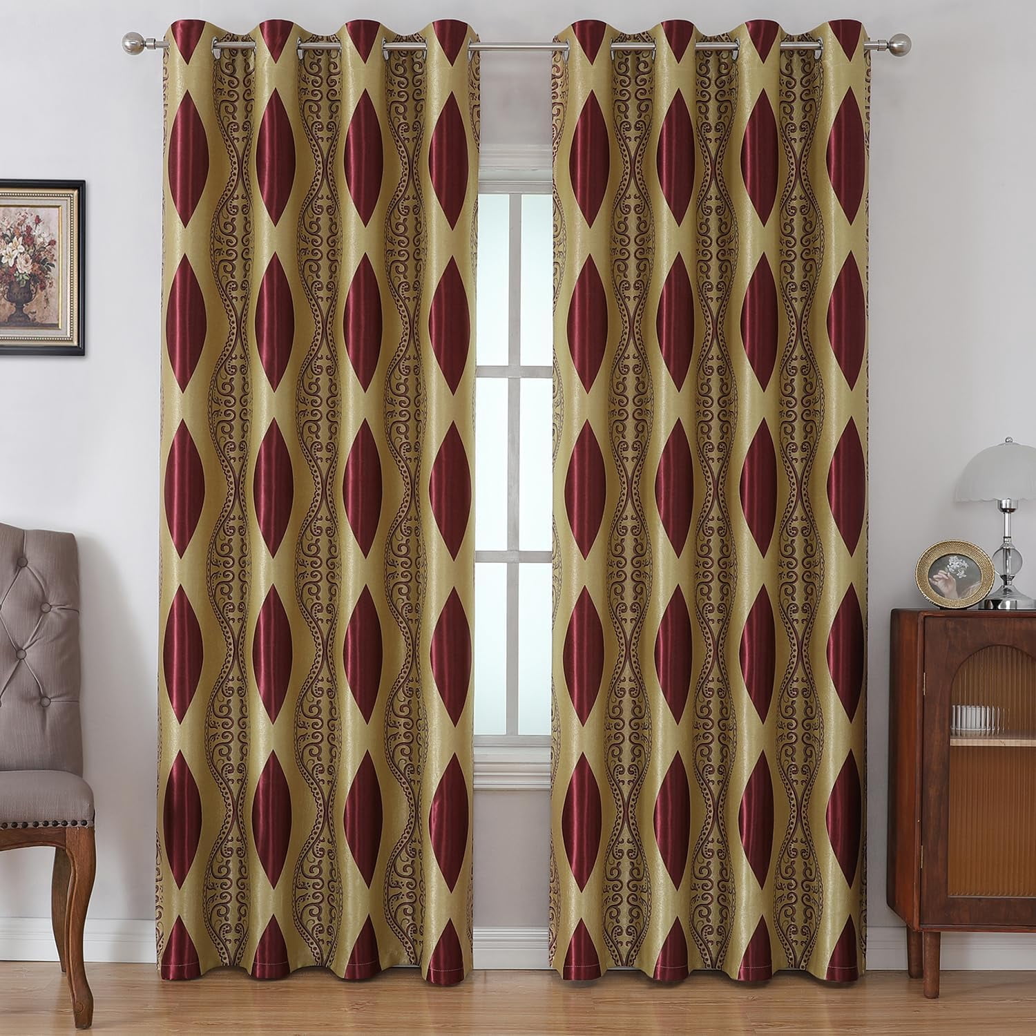 Burgundy and Gold Curtains for Living Room,Set Wave Jacquard Window ...