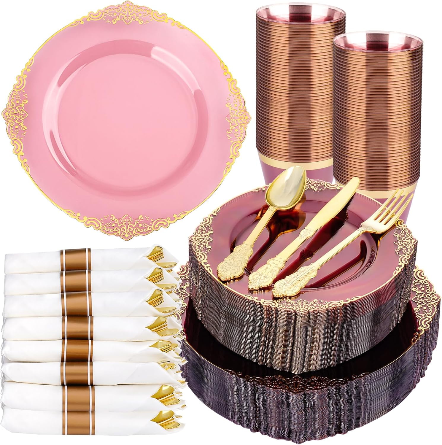 Burgundy and Gold Plastic Plates, Disposable Dinnerware Set for 50 ...