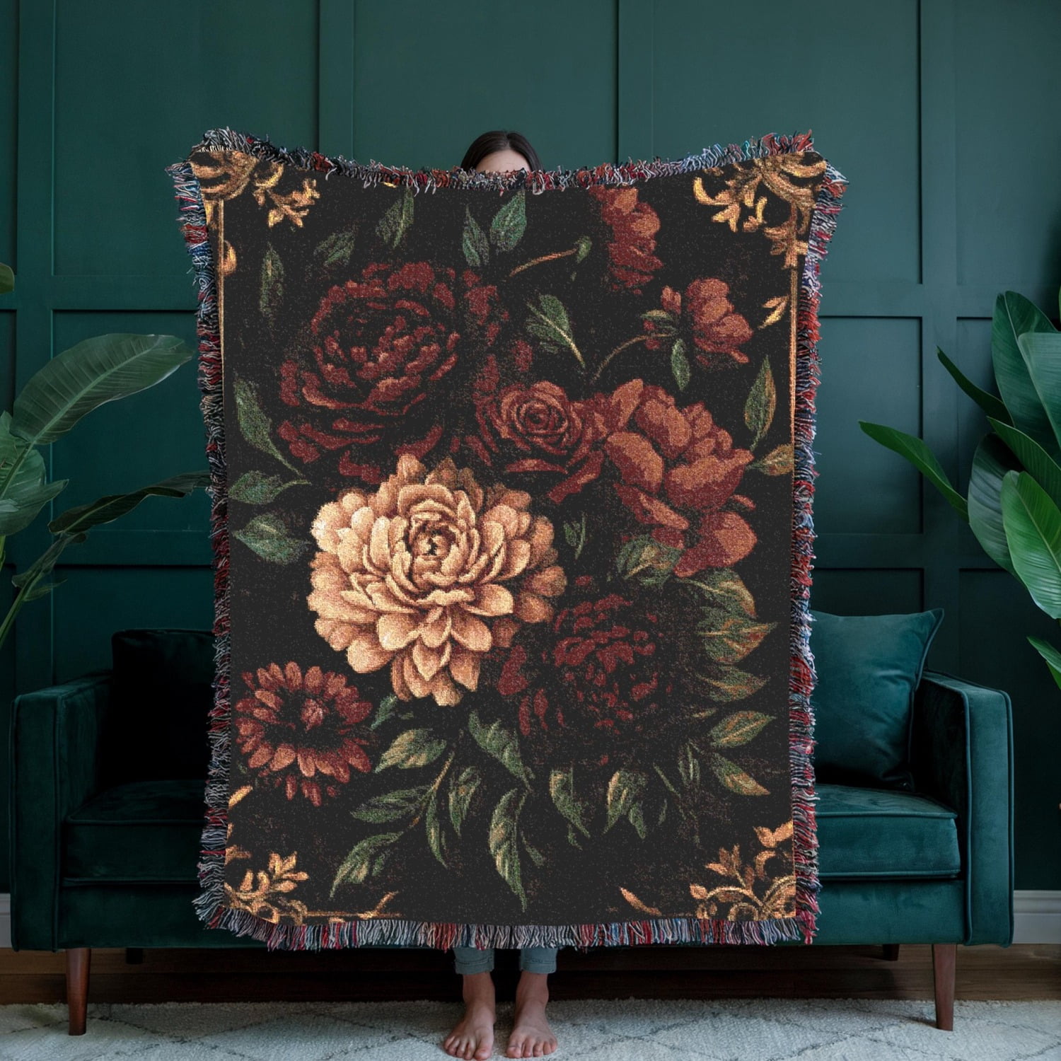 Burgundy and Tan Rose Floral on Black Woven Throw Blanket, 100% Cotton ...