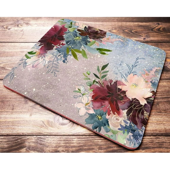 Burgundy and Turquoise Mouse Pad Watercolor Flowers Mousepad Office ...