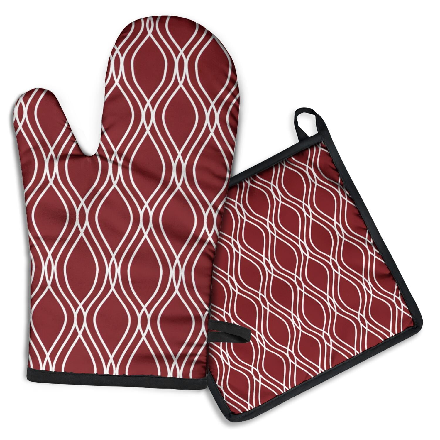 Burgundy and White Wavy Pattern Kitchen Oven Mitt and Pot Holder Sets 2 ...