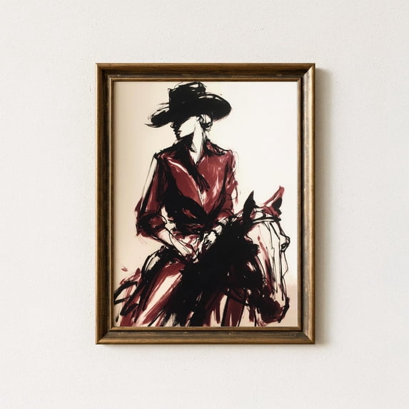Burgundy cowgirl on horse modern abstract western cowboy Poster ...