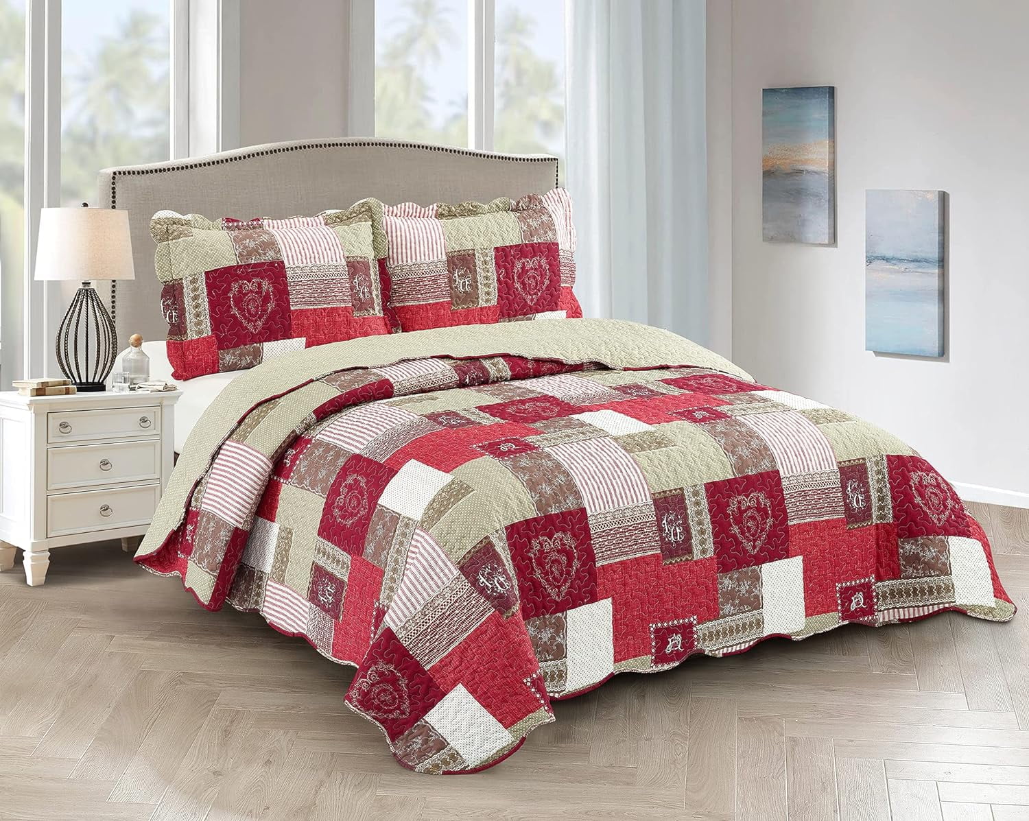 BurgundyHeart Love, Floral and Lace Patchwork, 3-Piece Quilt Set with 2 ...