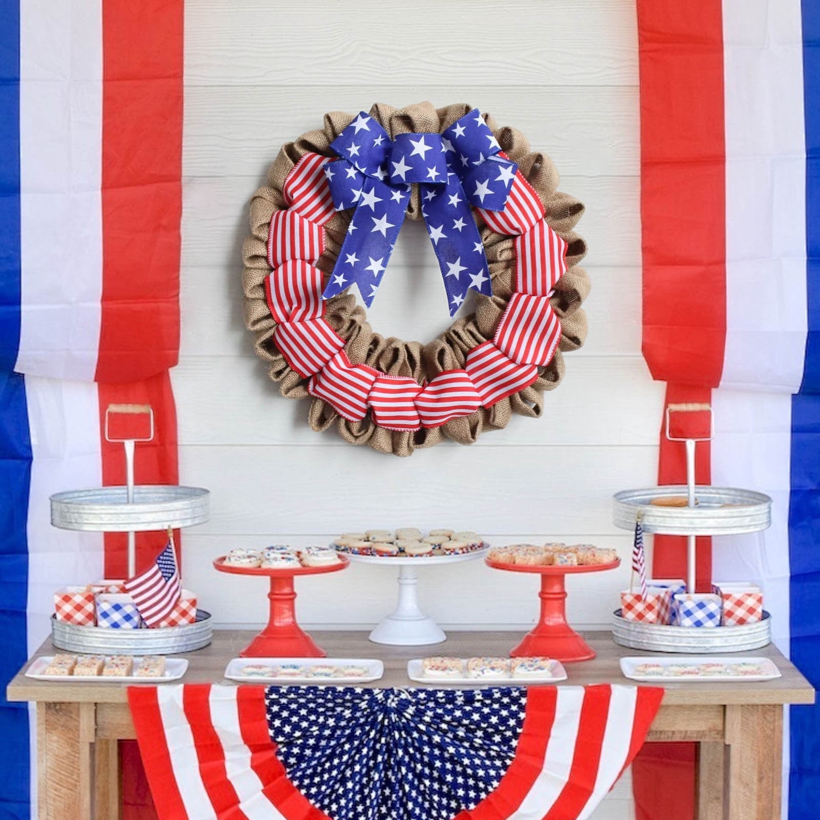Burlap Base Patriotic Fabric Accent Front Door Wreath, Star Print Bow ...