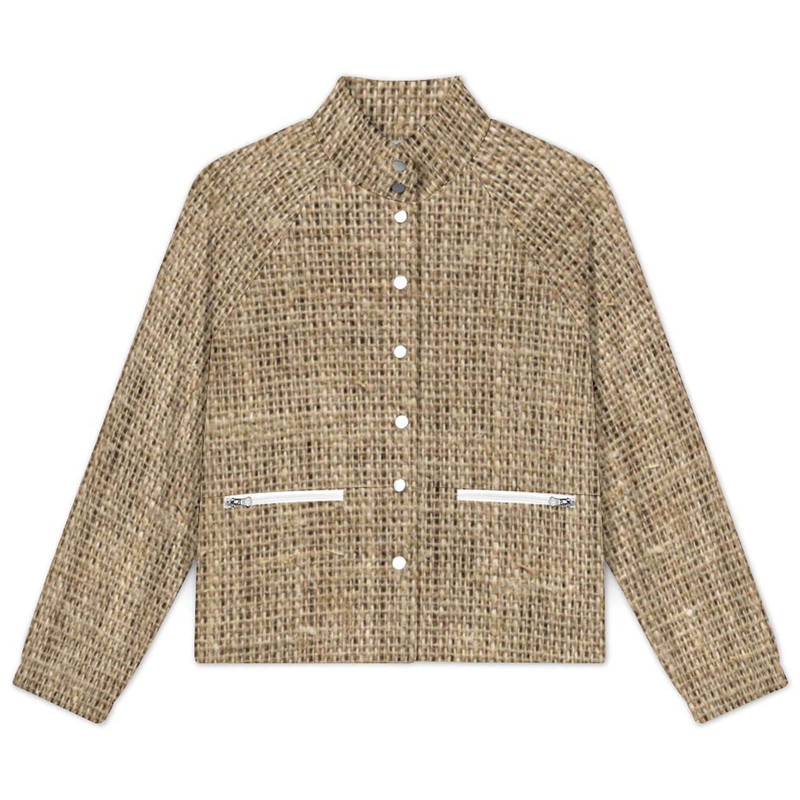 Burlap Fabric Texture Warm Women's Plush Jacket Stand Collar Full ...