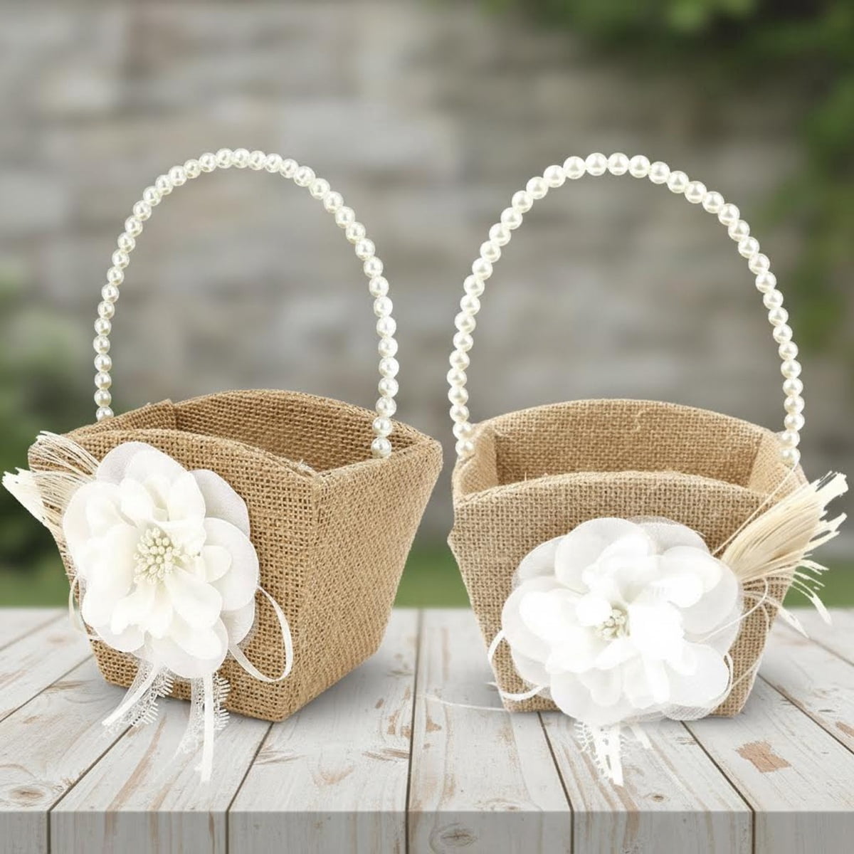 Burlap Flower Basket Pearl Handle For Vintage Rustic Wedding Ceremony ...