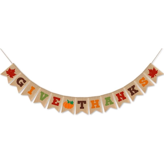 Burlap Give Thanks Banner with Pumpkin Maple Leaf Thanksgiving Day ...