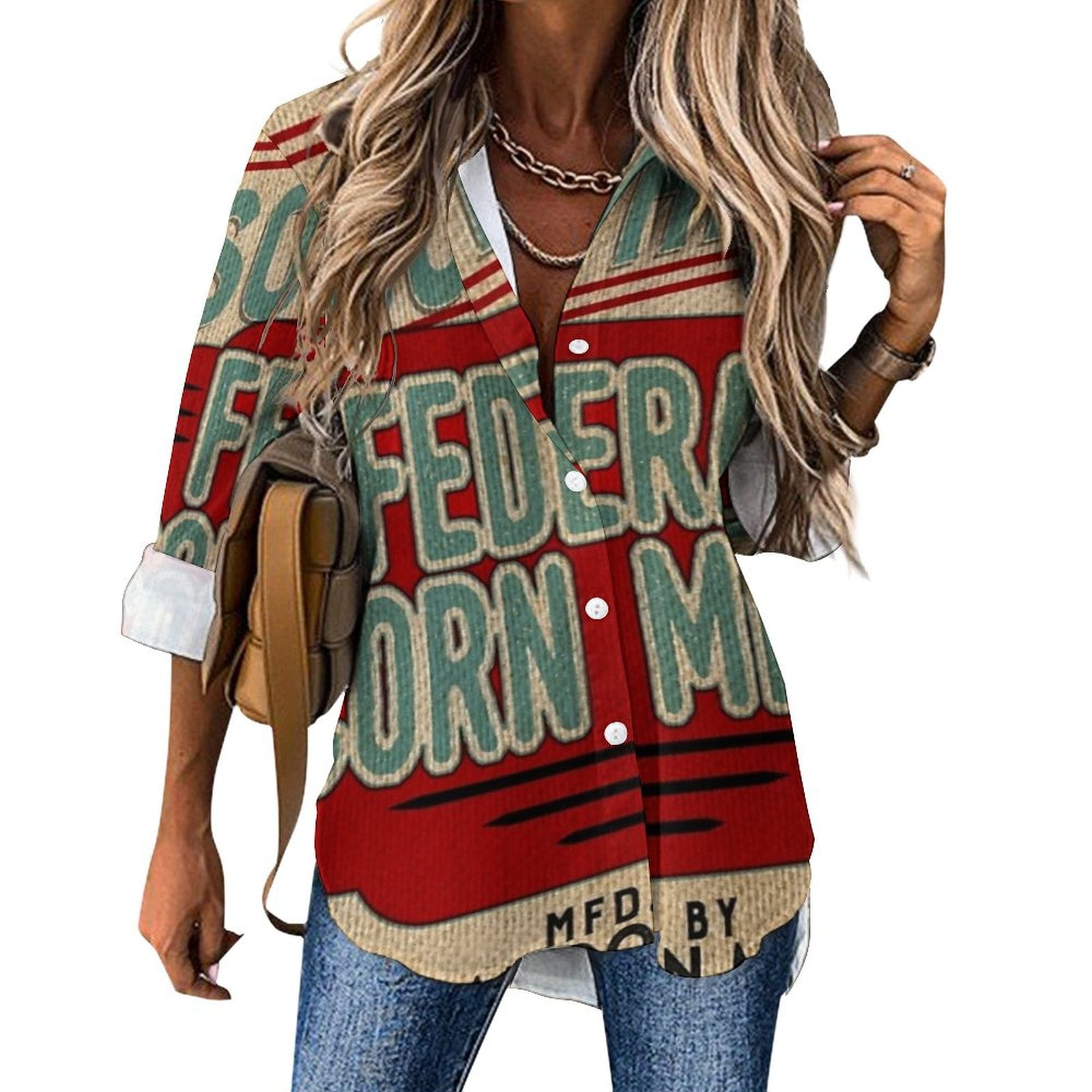 Burlap Grain Sack Feed Sack Vintage Style Graphics Women's Button Down ...