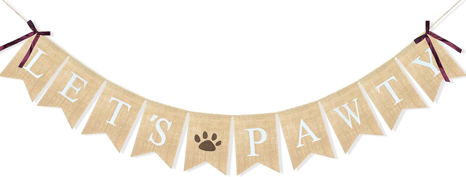 Burlap Let’s Pawty Banner Dog Birthday Party Decorations Puppy Pet Dogs ...