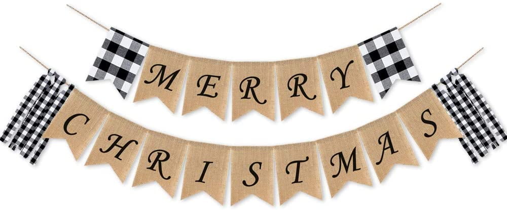 Burlap Merry Christmas Banner Buffalo Check Plaid Black and White ...