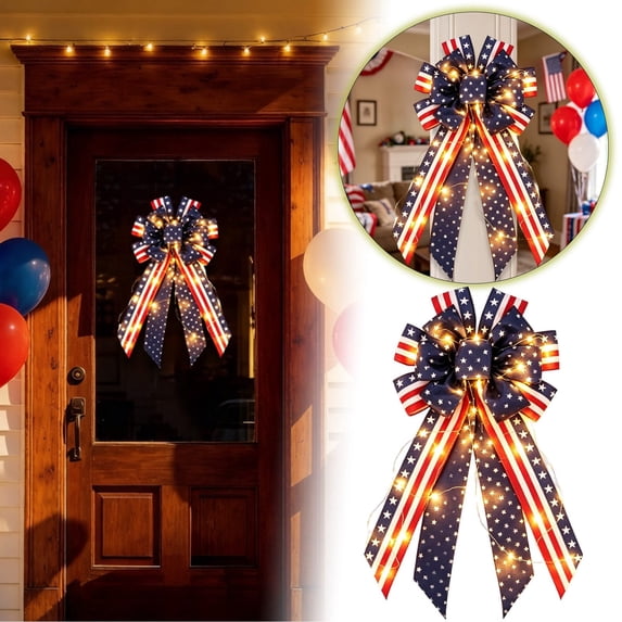 Burlap Star Ribbon Front Door Wreath with Integrated Warm LED Lights ...