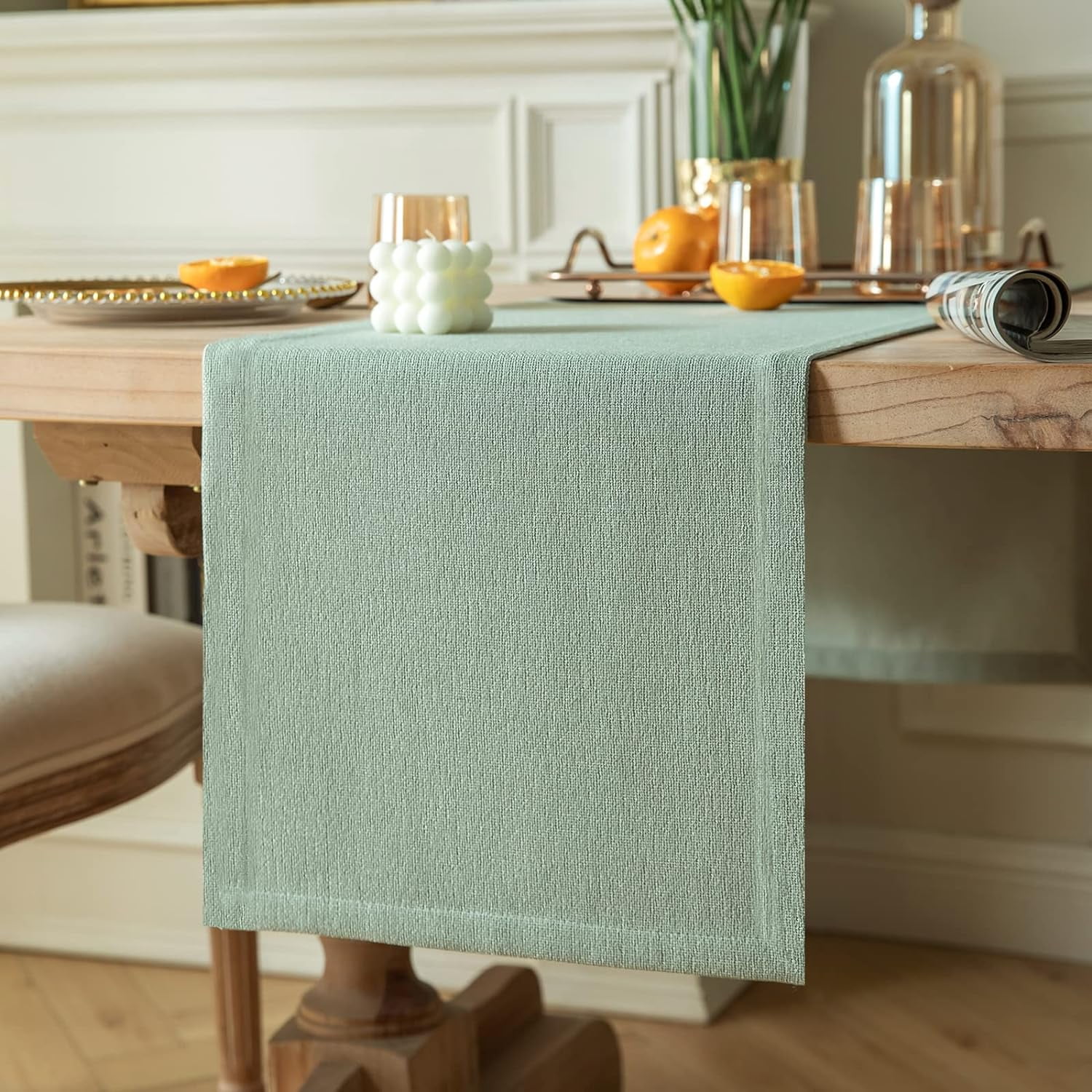 Burlap Style Farmhouse Table Runners 60 Inches Long, Sage Green Rustic ...