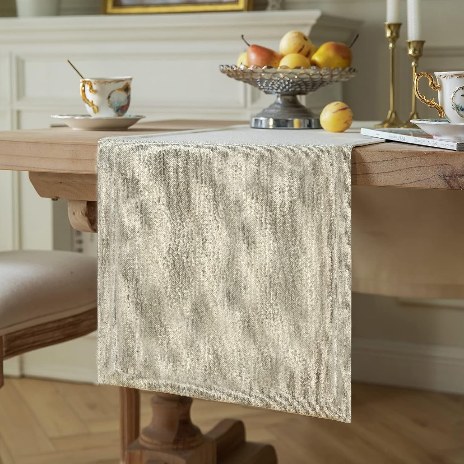 Burlap Style Farmhouse Table Runners 90 Inches Long, Cream Rustic Woven ...